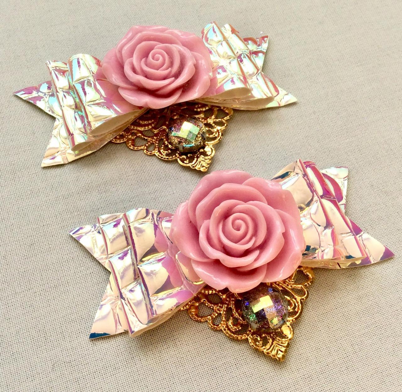 Beautiful Classic Lolita Hair Bow Roses Pearls Lilac Lavender Gold ...