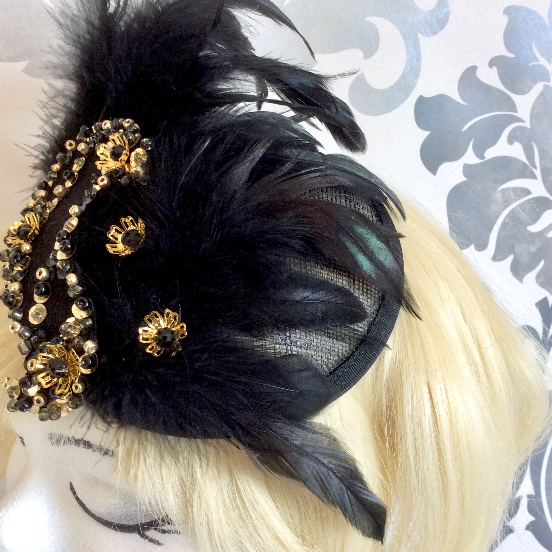 Elegant Fascinator Wedding Vintage Sequin Black Gold Ascot Cap Hat ...